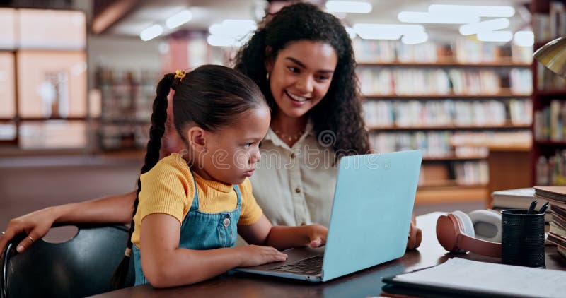 School, Tutor or Girl in a Library with Laptop for Elearning, Knowledge ...