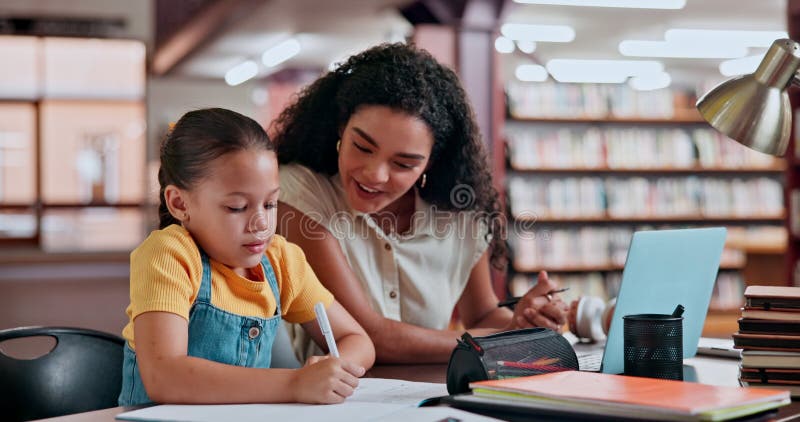 School, Tutor or Girl Writing in Library with Laptop for Elearning ...