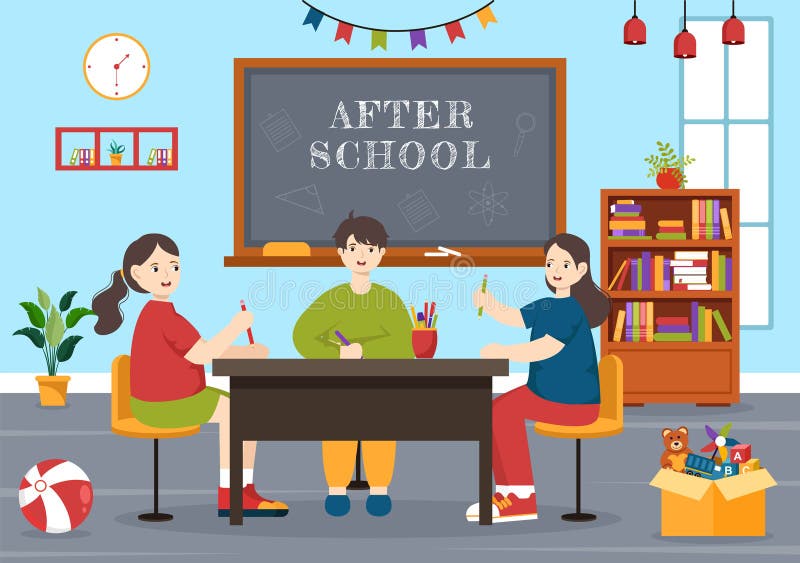 After School Vector Illustration with Students Leave School Building ...