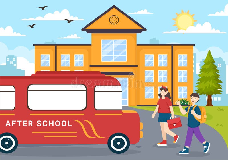After School Vector Illustration with Students Leave School Building ...