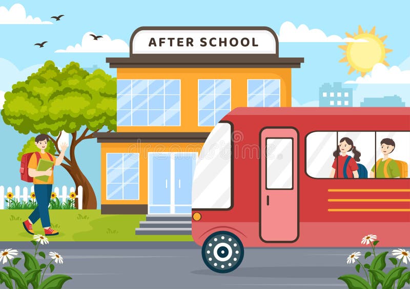 After School Vector Illustration with Students Leave School Building ...