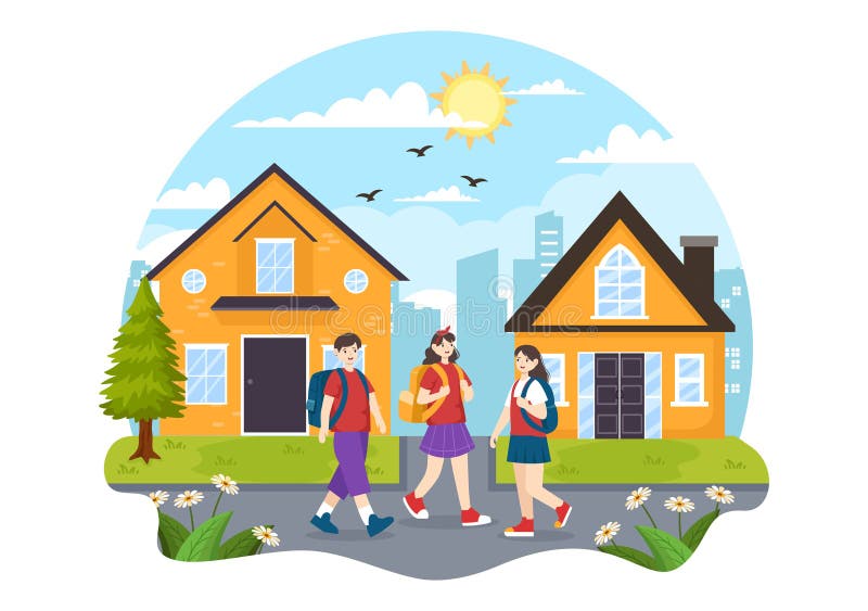 After School Vector Illustration with Students Leave School Building ...