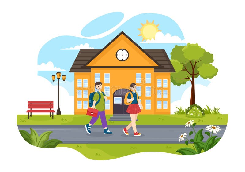 After School Vector Illustration with Students Leave School Building ...