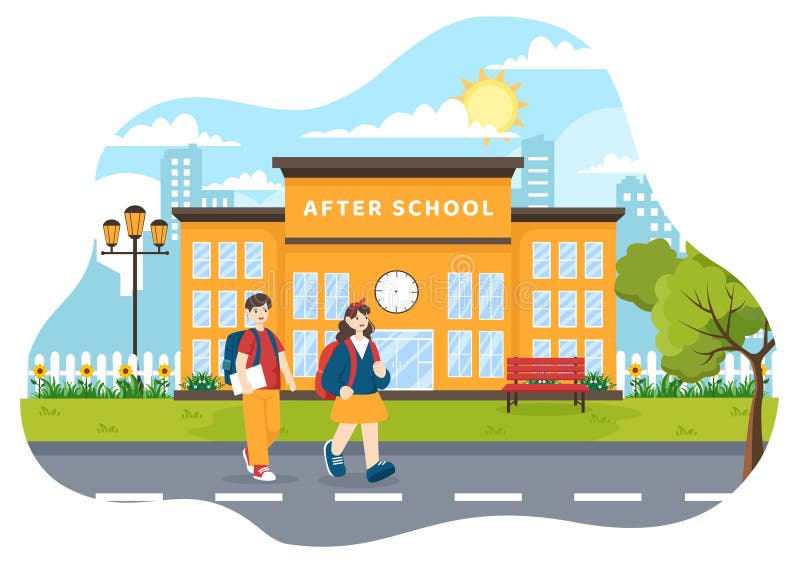After School Vector Illustration with Students Leave School Building ...