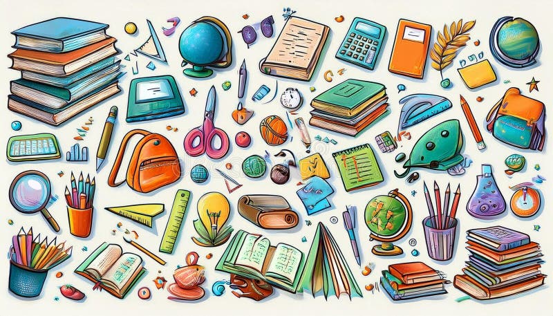 School Vector Set. Hand Drawn Studying Collection Stock Illustration ...