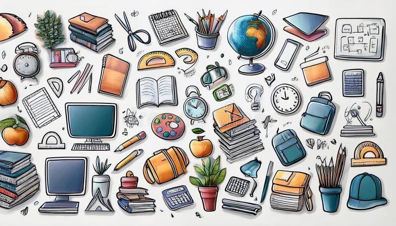 School Vector Set. Hand Drawn Studying Collection Stock Illustration ...