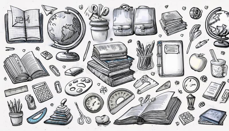 School Vector Set. Hand Drawn Studying Collection Stock Illustration ...