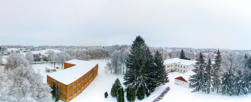 School in the Village in Winter from Above Stock Image - Image of ...