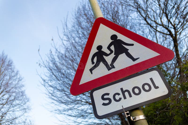 School warning road sign stock image. Image of british - 353633479