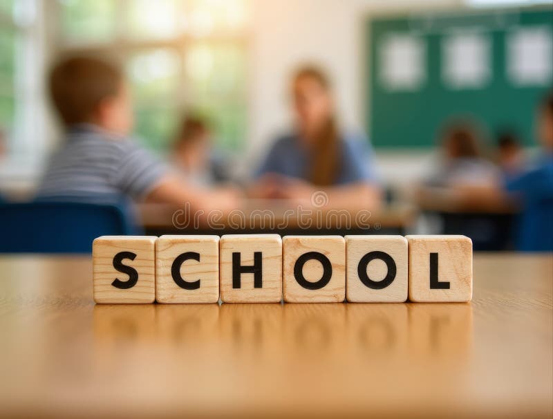School Wooden Cubes on Desk with Students and Teacher Learning in ...