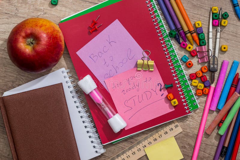 School Write on Notepad with Different School Supplies Stock Photo ...