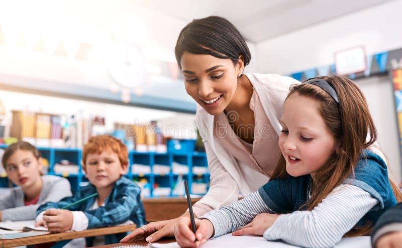 School, Writing and Teacher with Student in Classroom for Learning ...