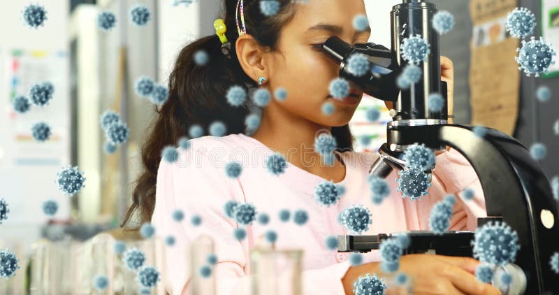 In School, Young Girl Using Microscope Surrounded by Digital Virus ...