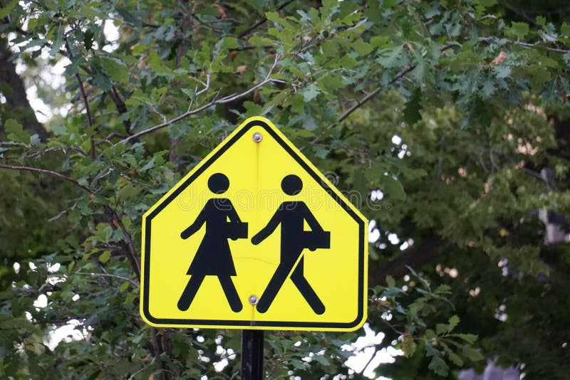 School Zone Sign with Green Leaf Trees Background Stock Image - Image ...