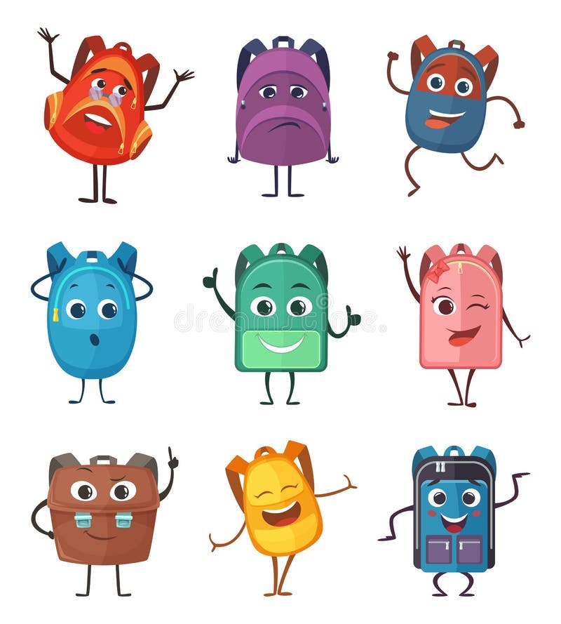 Schoolbags Characters with Different Emotions. Vector Illustrations ...