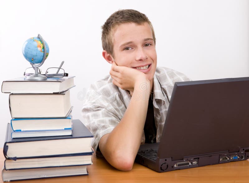 Boy Uses Computer in School Stock Photo - Image of caucasian, reading ...