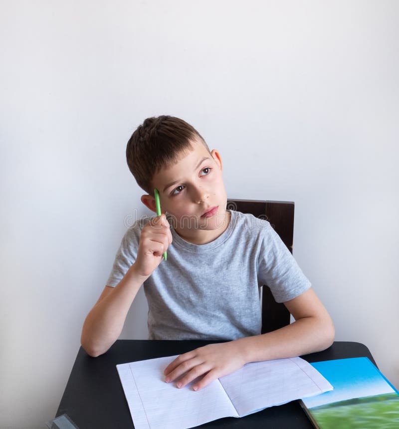 A Schoolboy Boy Studies at Home and Does School Homework. a Home ...