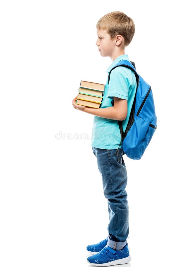 Portrait Of A Schoolboy With A Backpack Side View On A White Background ...