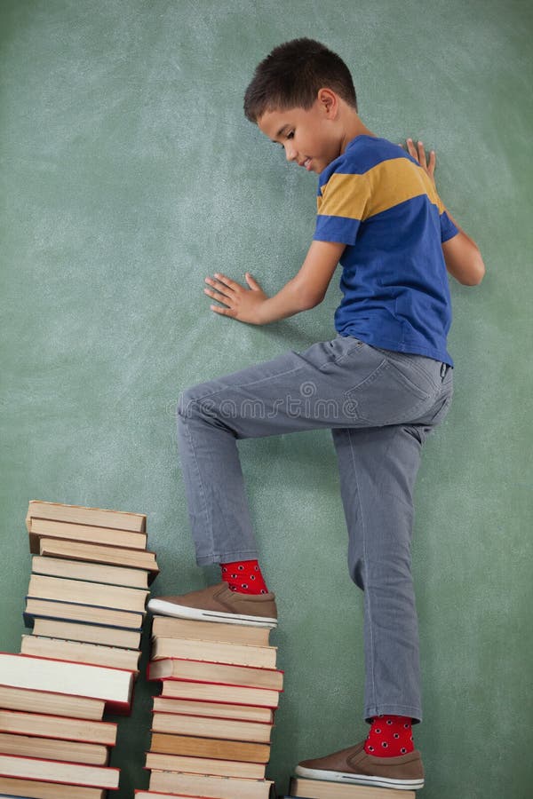 Schoolboy Climbing Steps of Books Stack Stock Image - Image of school ...