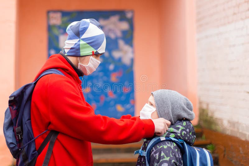 Schoolboy Corrects Friend Protective Mask Stock Image - Image of ...