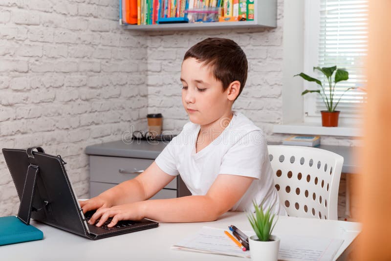 Schoolboy Doing Homework at the Computer on the Online Platform Stock ...