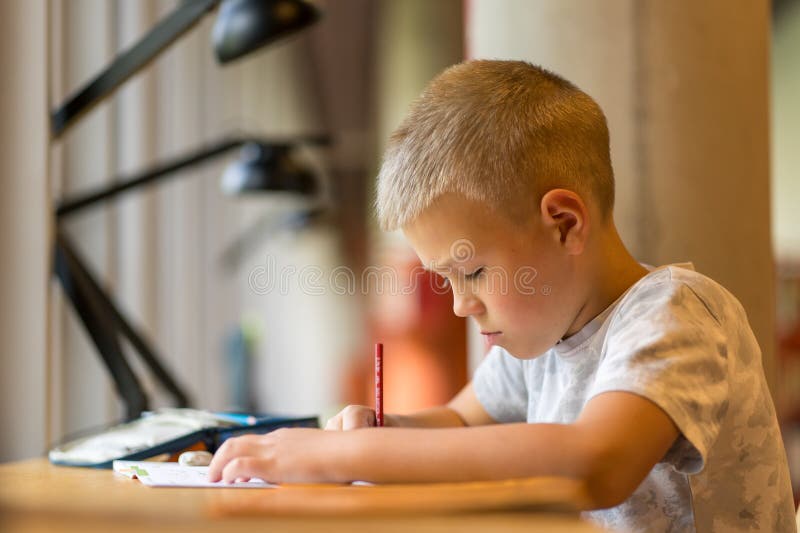 Schoolboy Doing Homework at a Table in the City Library Stock Photo ...