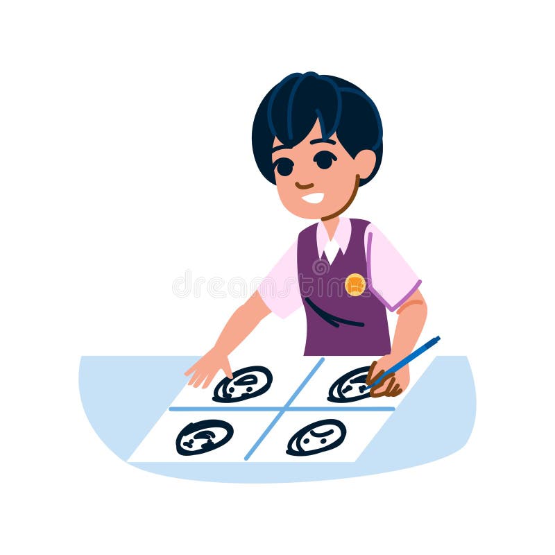 Schoolboy Drawing Emotions on Paper at Desk in Classroom Stock ...