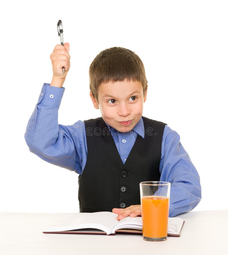 Schoolboy Drinks Juice at a Desk with Diary and Pen Stock Image - Image ...