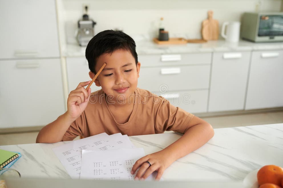 Schoolboy Enjoying Doing Math Homework Stock Image - Image of smart ...