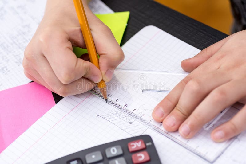 Schoolboy Hands with Ruler Drawing on Paper Stock Photo - Image of ...