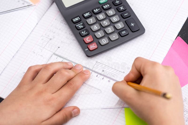 Schoolboy Hands with Ruler Drawing on Paper Stock Photo - Image of ...