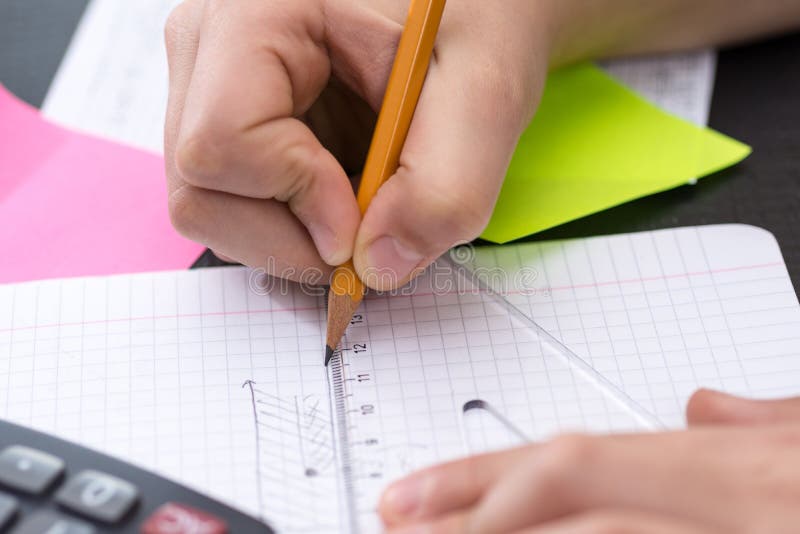 Schoolboy Hands with Ruler Drawing on Paper Stock Photo - Image of ...
