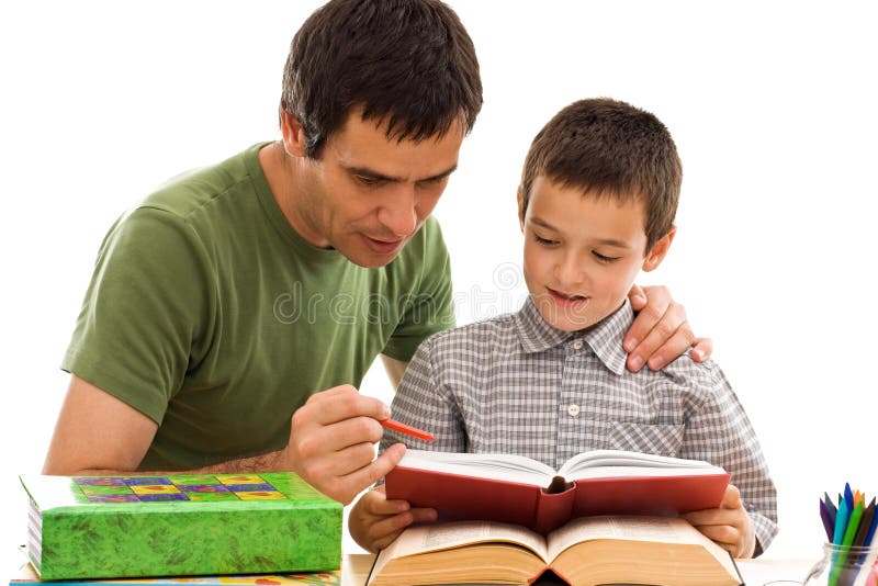 Schoolboy and His Father Learning Stock Photo - Image of help, green ...