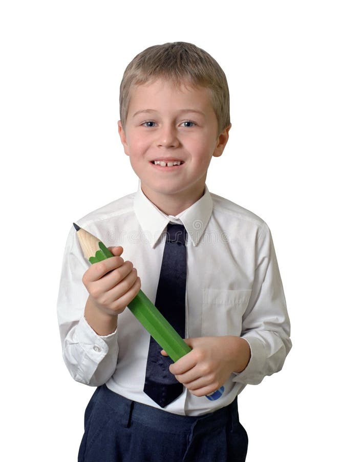 Schoolboy holding pencil stock image. Image of school - 22221087