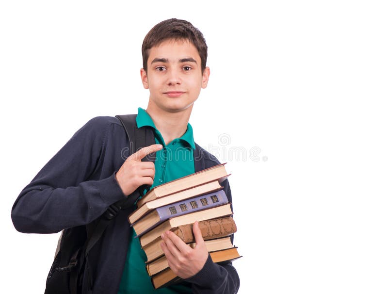 Schoolboy Holding a Stack of Books, Textbook Isolated on White ...
