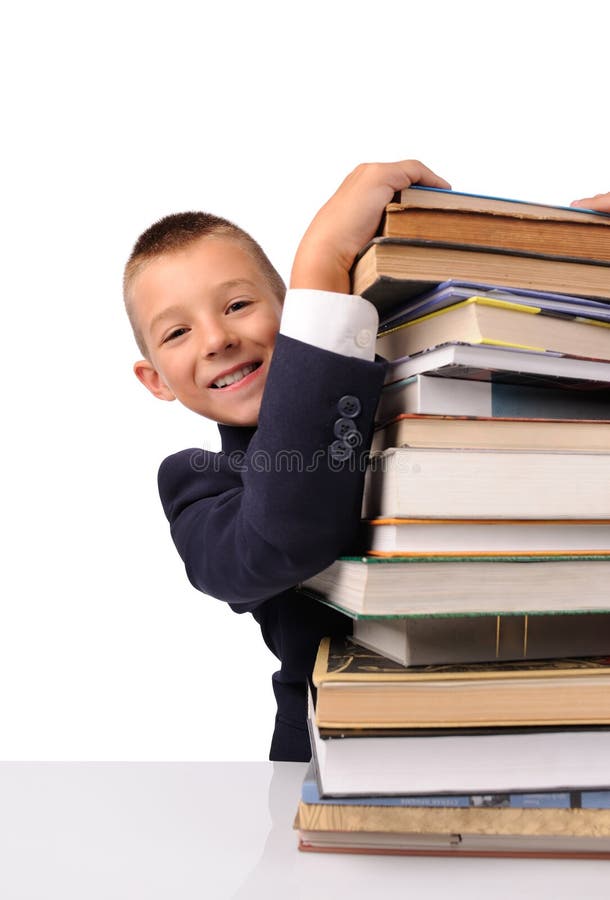 Schoolboy with Huge Stack of Books Stock Photo - Image of lifestyle ...