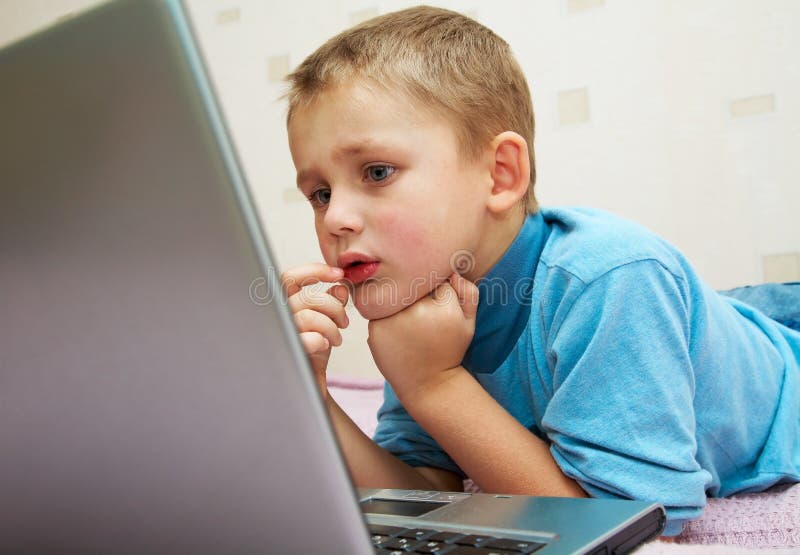 Kids Shocked by Something on Computer Stock Photo - Image of ...