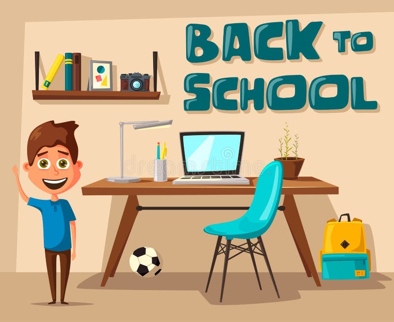 Schoolboy Learns Lessons at Home. Cartoon Vector Illustration Stock ...