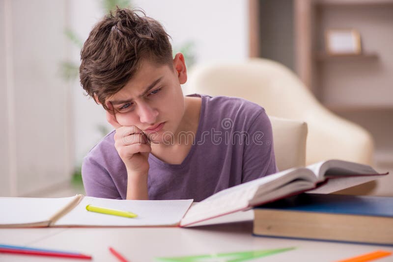 Schoolboy Preparing for Exams at Home Stock Image - Image of textbooks ...