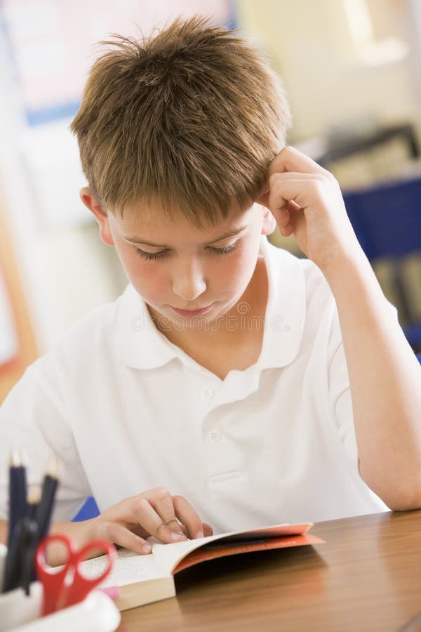 Schoolboy Reading a Book in Class Stock Image - Image of literacy ...