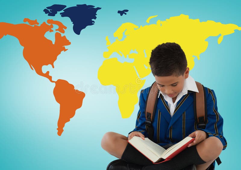 Schoolboy Reading in Front of Colorful World Map Stock Image - Image of ...