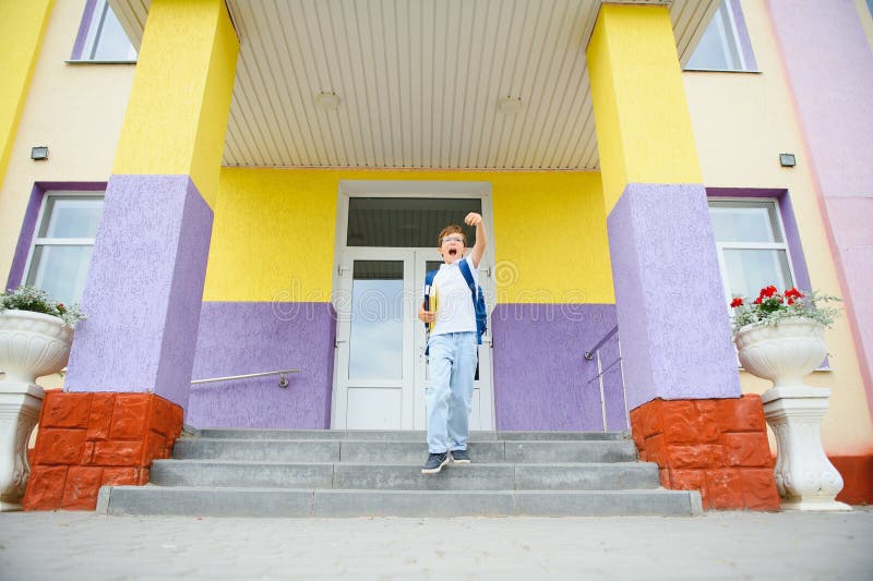 Schoolboy Runs Out of School Stock Photo - Image of schoolchild, learn ...