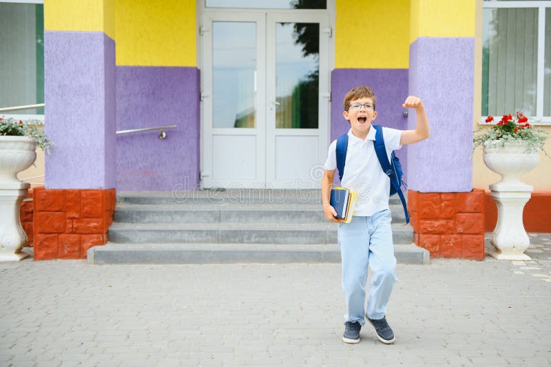 Schoolboy Runs Out of School Stock Image - Image of backpack, education ...