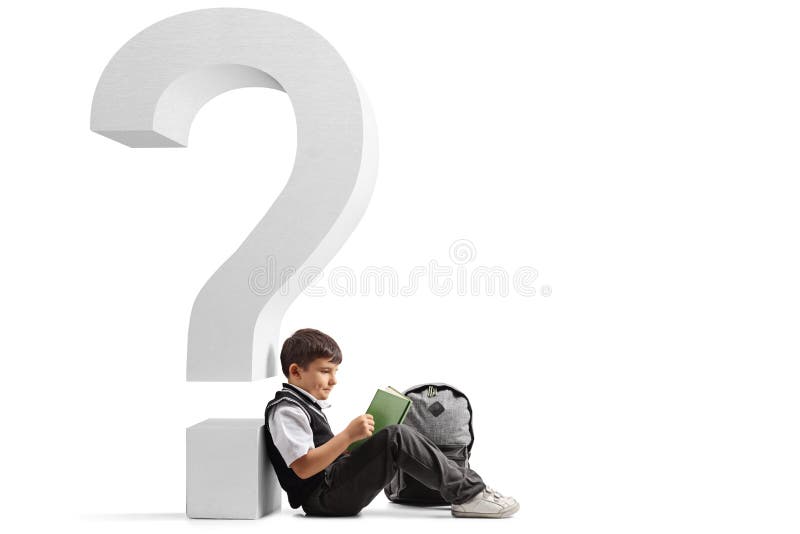 Schoolboy Seated on the Floor Reading a Book and Leaning on a Question ...