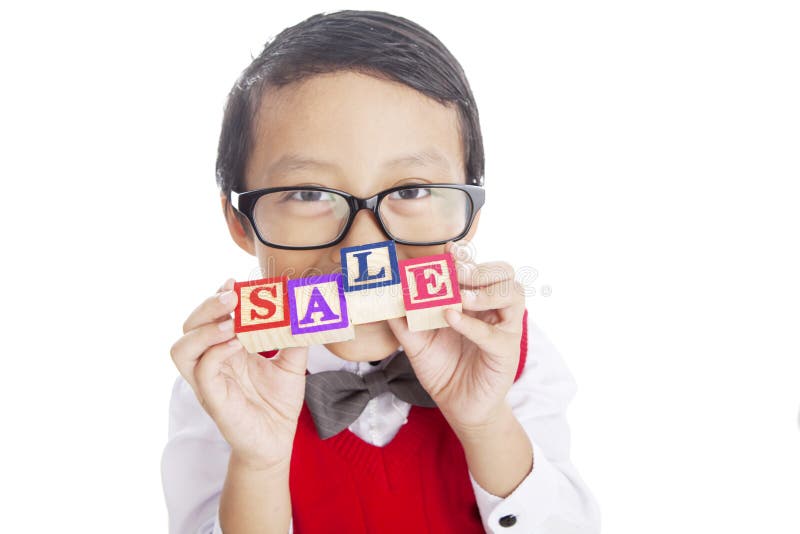 Schoolboy Showing SALE Word Stock Photo - Image of glasses, promotion ...