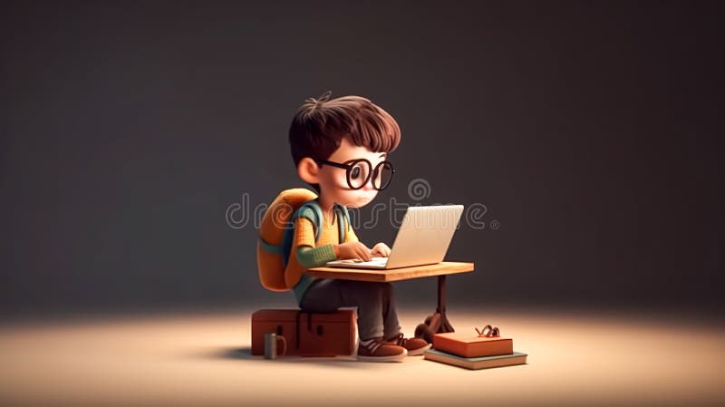 A Schoolboy Sits in Front of a Laptop and Does His Homework, Generative ...