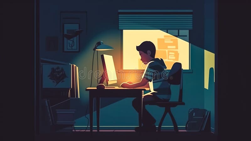 A Schoolboy Sits in Front of a Laptop and Does His Homework, Generative ...