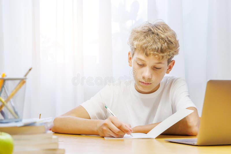 Schoolboy Sitting at Home, with Focus and Concentration while Doing Homework Stock Image - Image ...