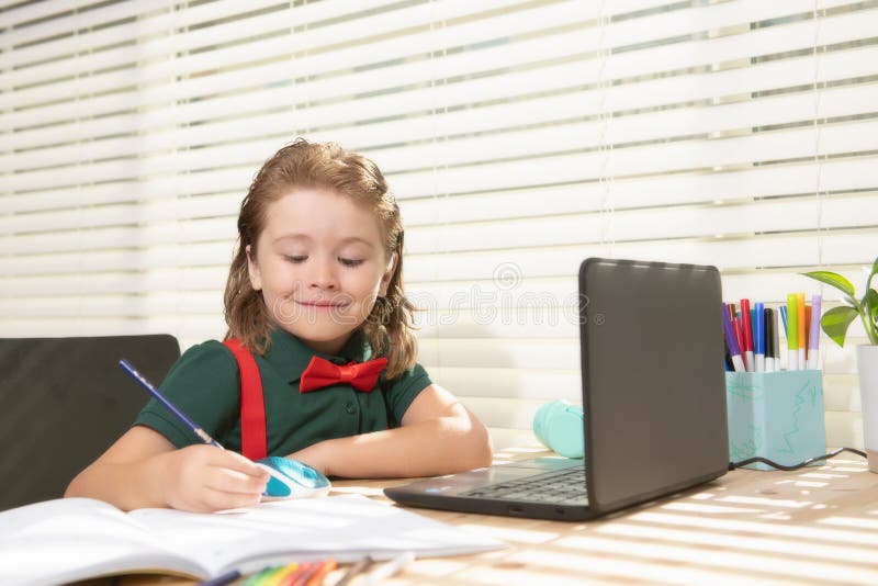 Schoolboy Studying and Using Computer Laptop and Writing on Notebook ...