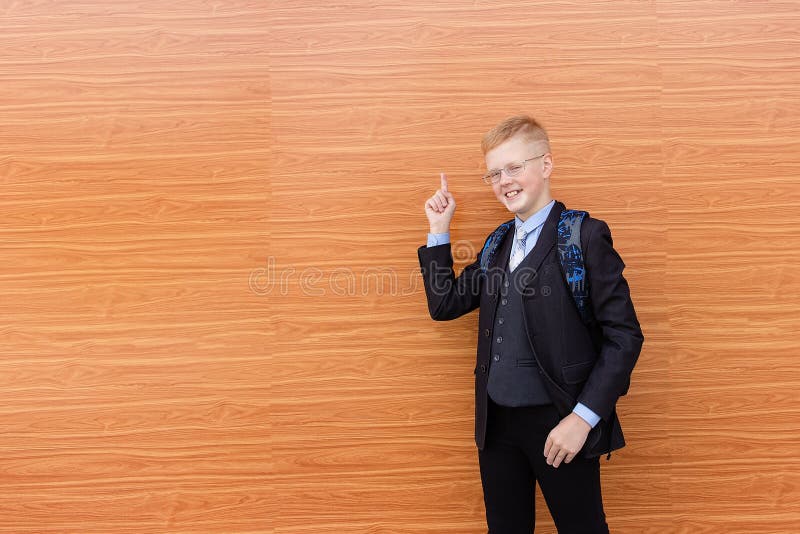 Schoolboy in Suit Shows His Hand Up Stock Photo - Image of conference ...